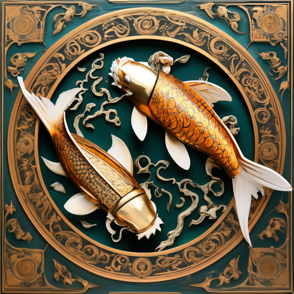 "Two koi carp in copper execution on an ancient copper mirror, spinning ...