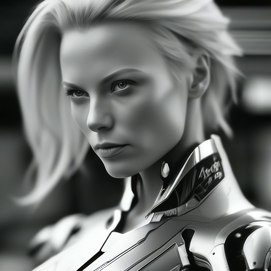 "Terminator woman, blonde, red electronic eye, perfect figure ...