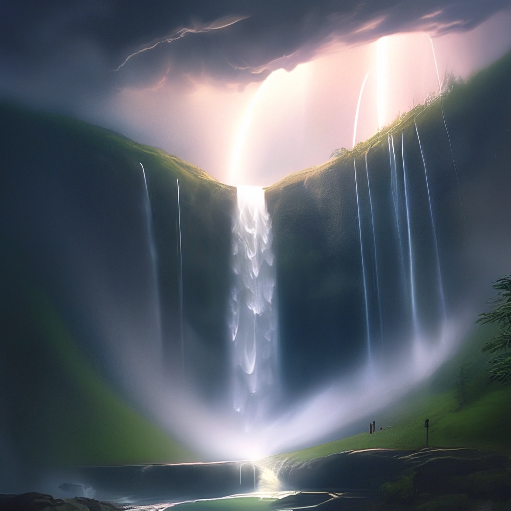 "Waterfall during a thunderstorm" — image created in Shedevrum