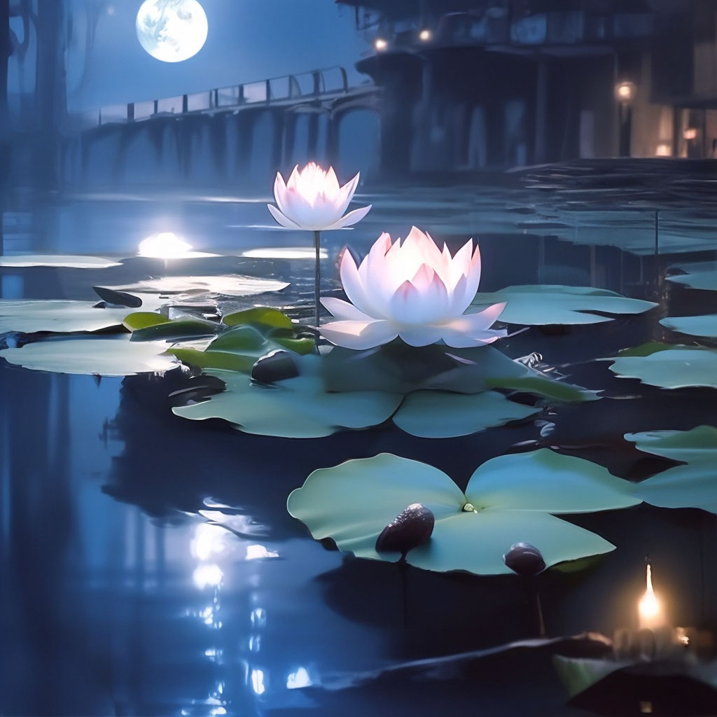 "Lotus, moonlight, river surface" — image created in Shedevrum