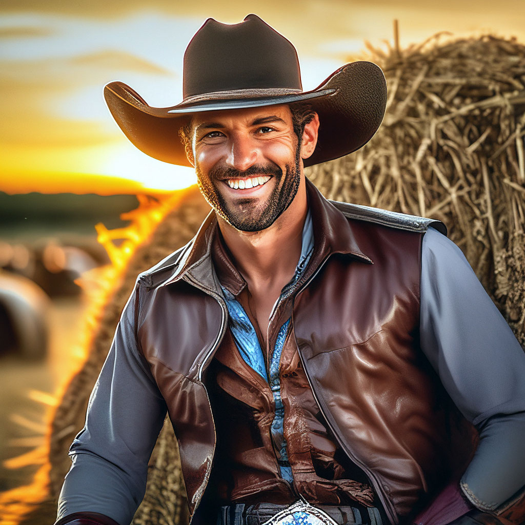"Cowboy brutal smile torso leather vest whip boots hay photorealism ...
