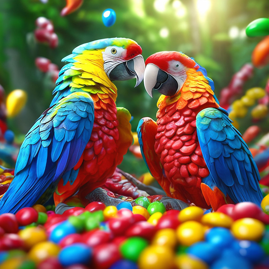 "Colorful macaw parrots, M&M dragees, Bright colors,hyperrealism ...