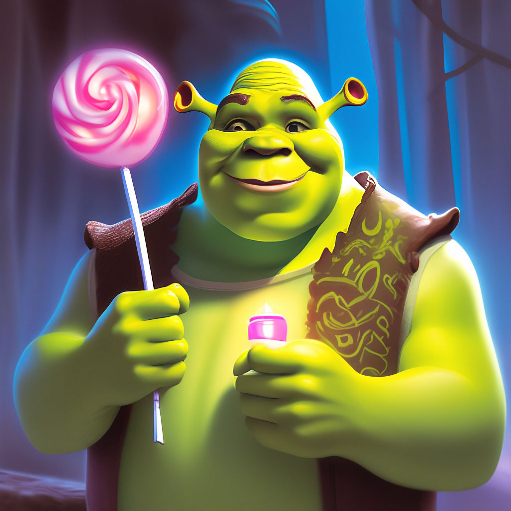 "Fat Shrek is holding a glowing lollipop in his hands" — image created ...
