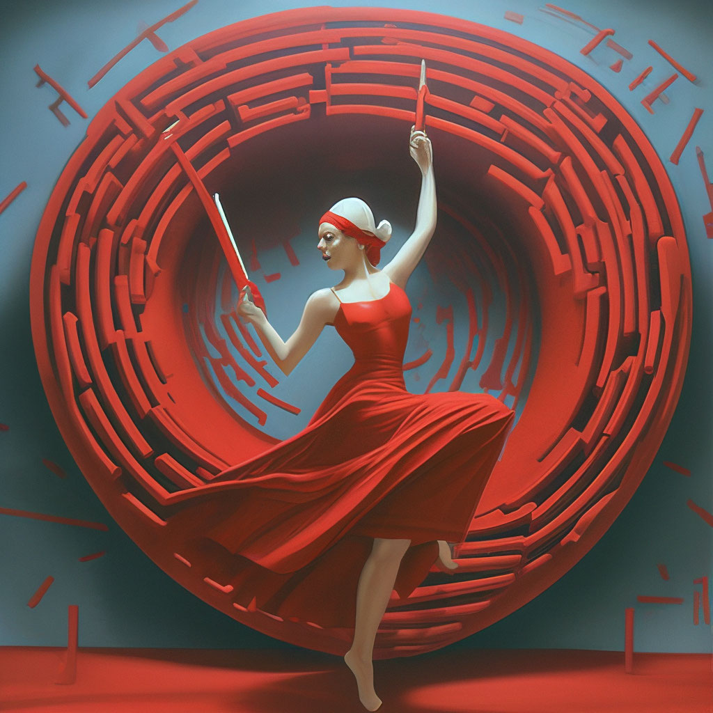 "Red girl with toothpick hands dancing tectonic" — image created in ...