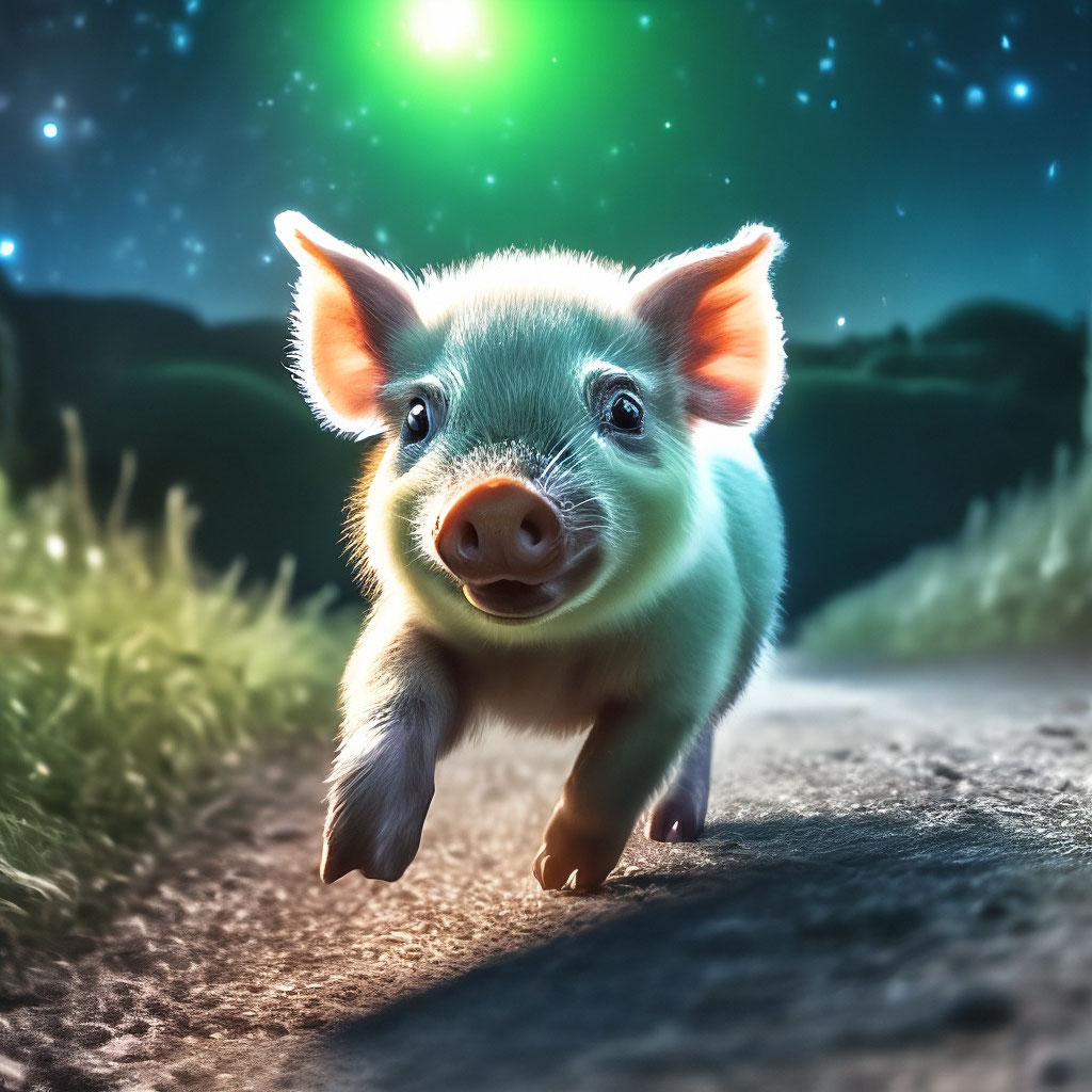 "Piglet runs along the path with a green ball, slightly lifting his ...