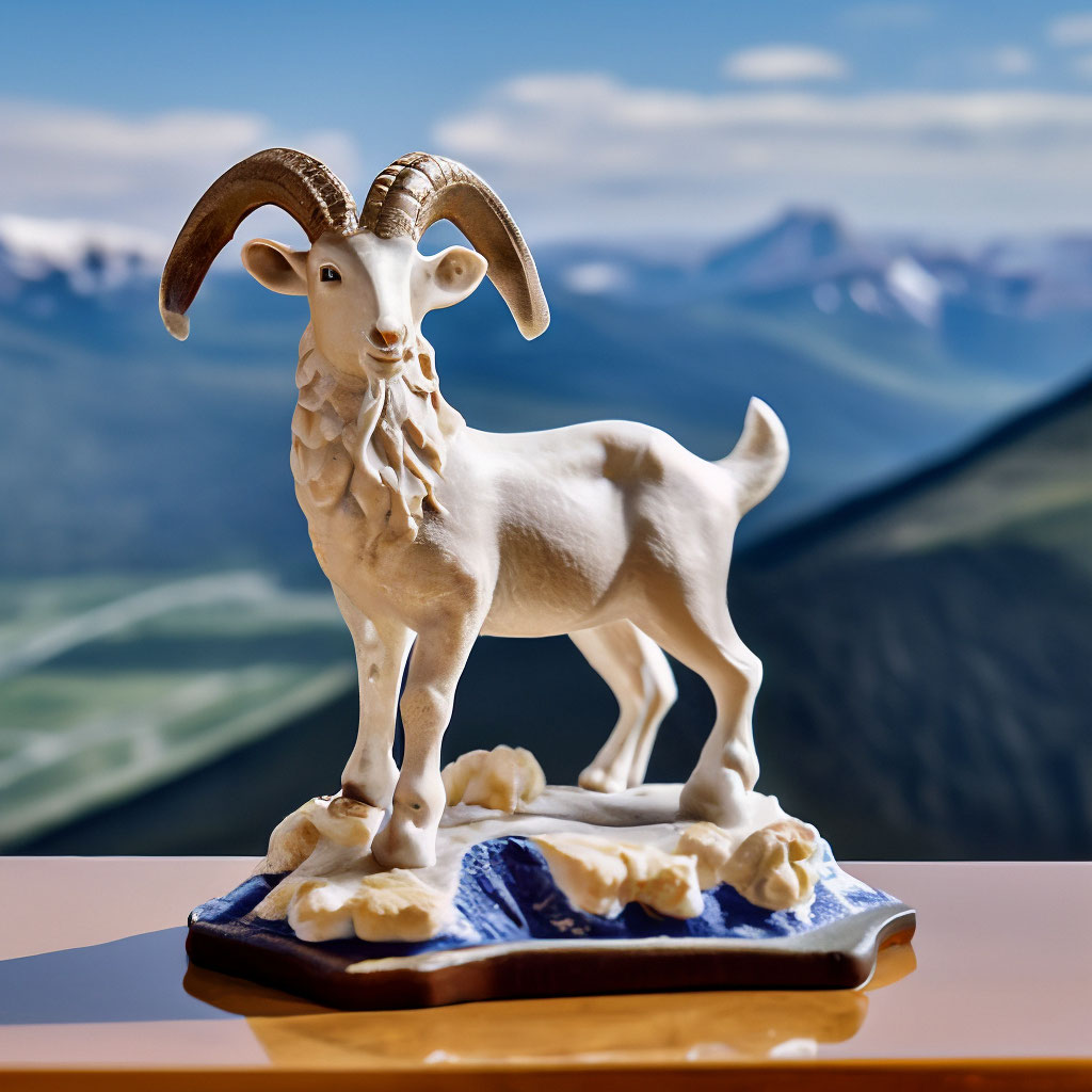 "Porcelain goat figurine on the mountain top, on the table, realistic ...