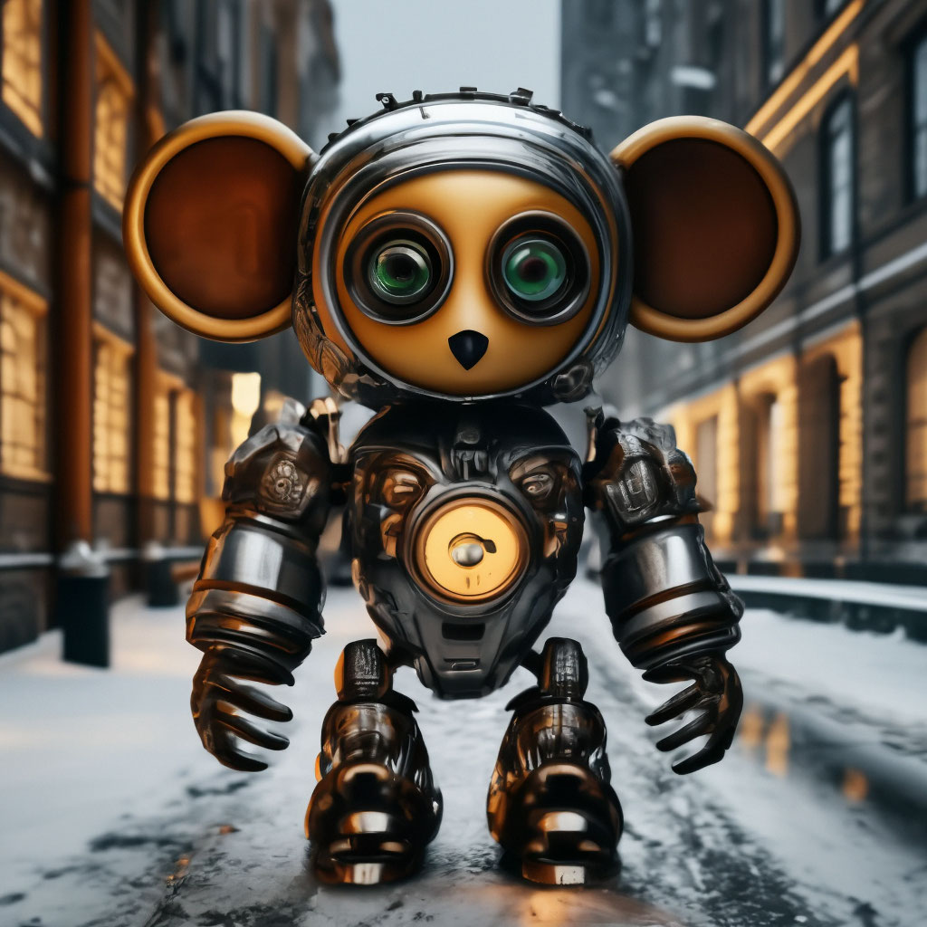 "Mechanical Cheburashka, in the style of atompunk on a snowy city ...