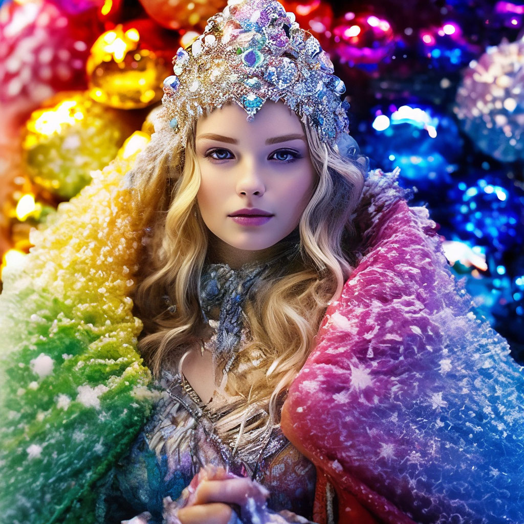 "Snow Maiden in a rainbow costume, watercolor, crystal balls, haze ...