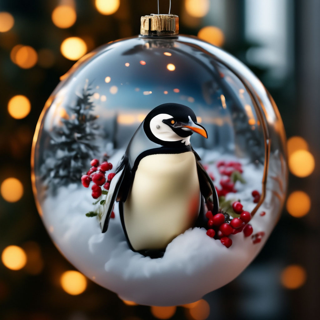 "Through a huge transparent Christmas tree ball, you can see an elegant ...