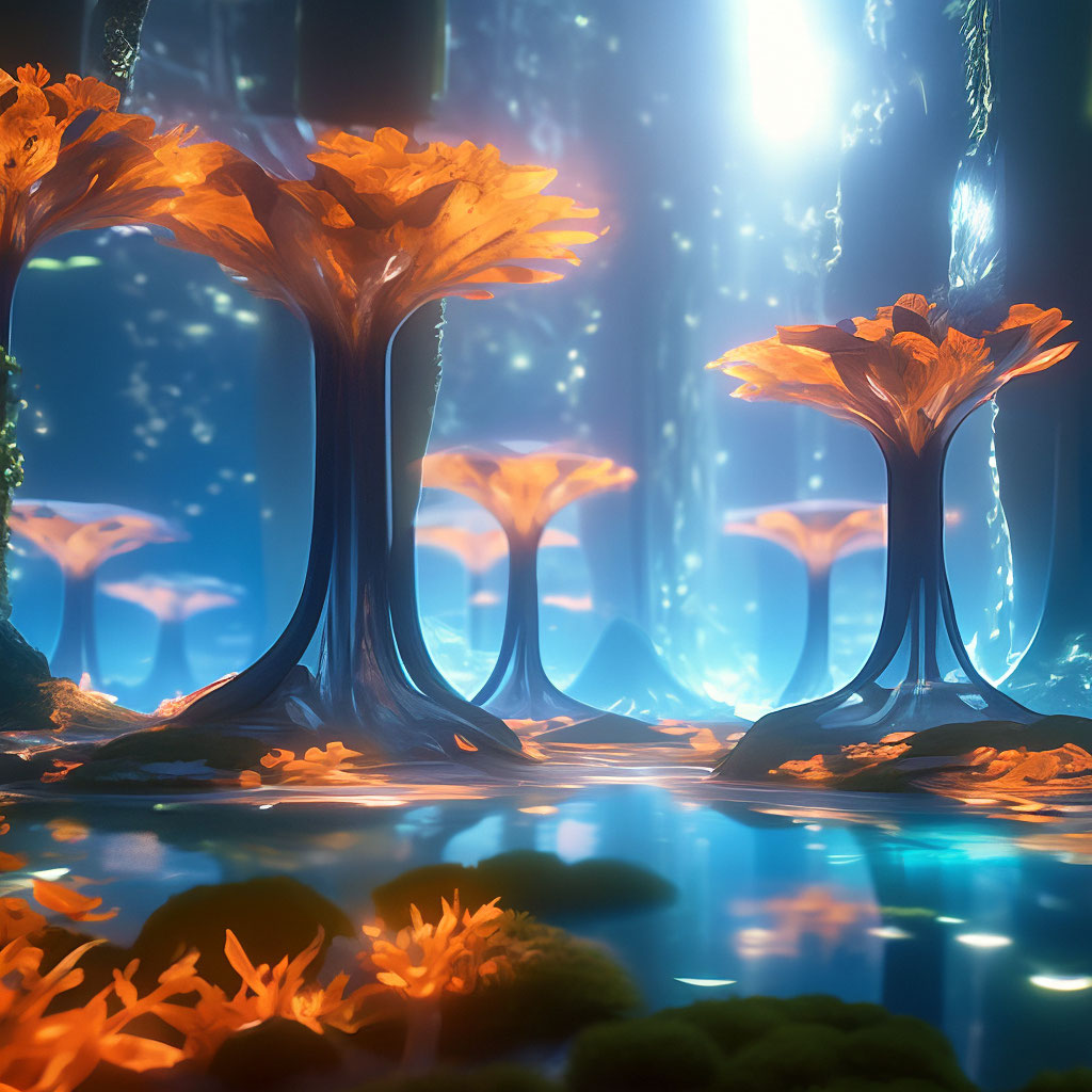 "Exoplanet forest with elegant translucent biomimetic structures of ...