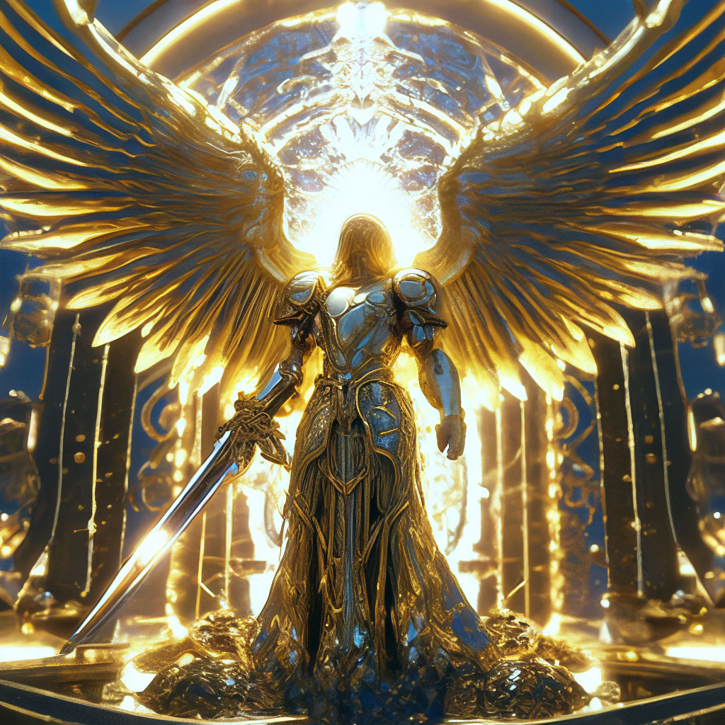 "Archangel gabriel with a sword protects the gates to paradise ...