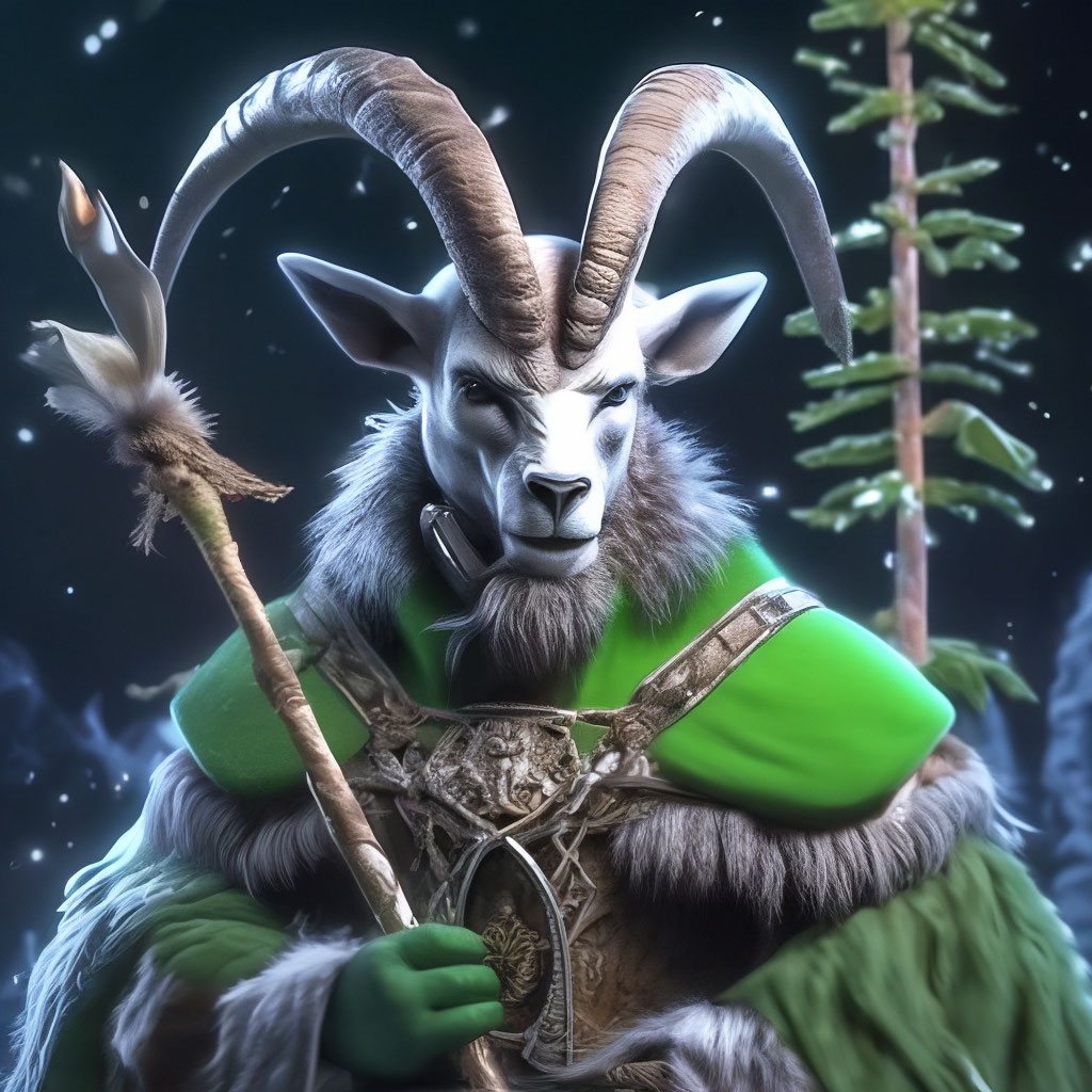 "A mountain goat man with a goat skin on his shoulders on a goat's head ...