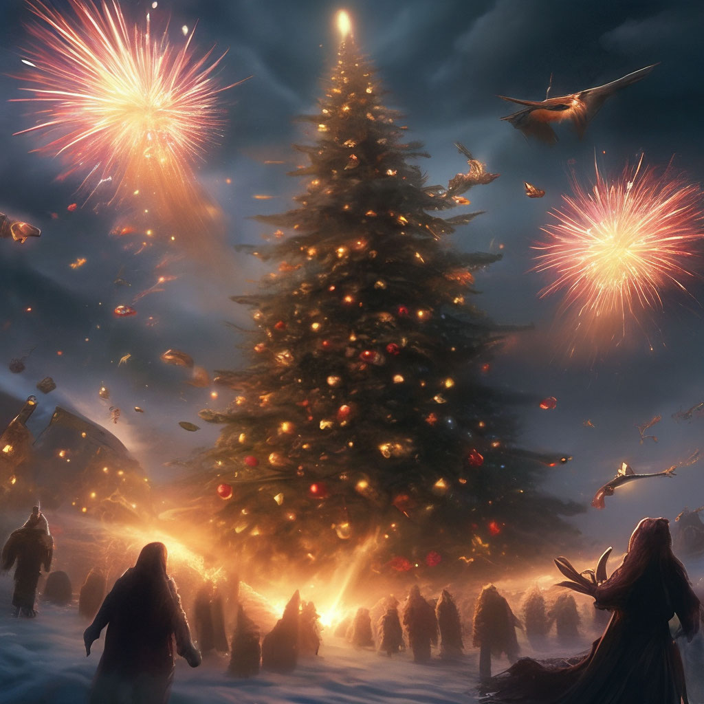 "Evil spirits fly around the Christmas tree, fireworks" — image created ...