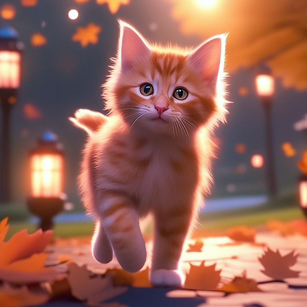 "A small fluffy disheveled mongrel ginger kitten runs through the park ...