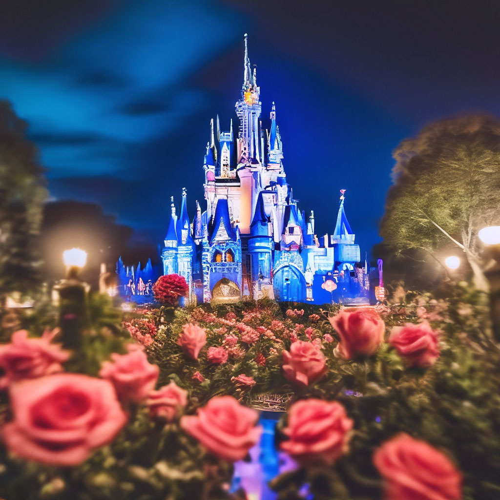 "Disney-style palace, night, rose bushes" — image created in Shedevrum