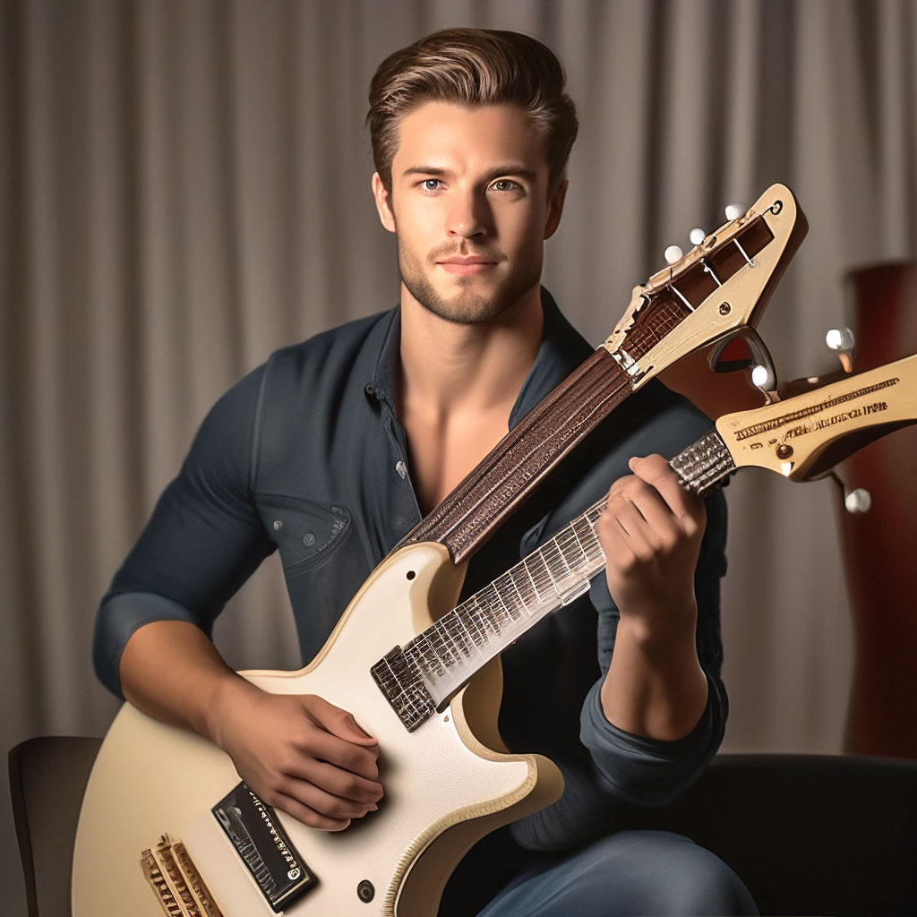 "Handsome guy with a bass guitar, realistic, professional photo, high ...