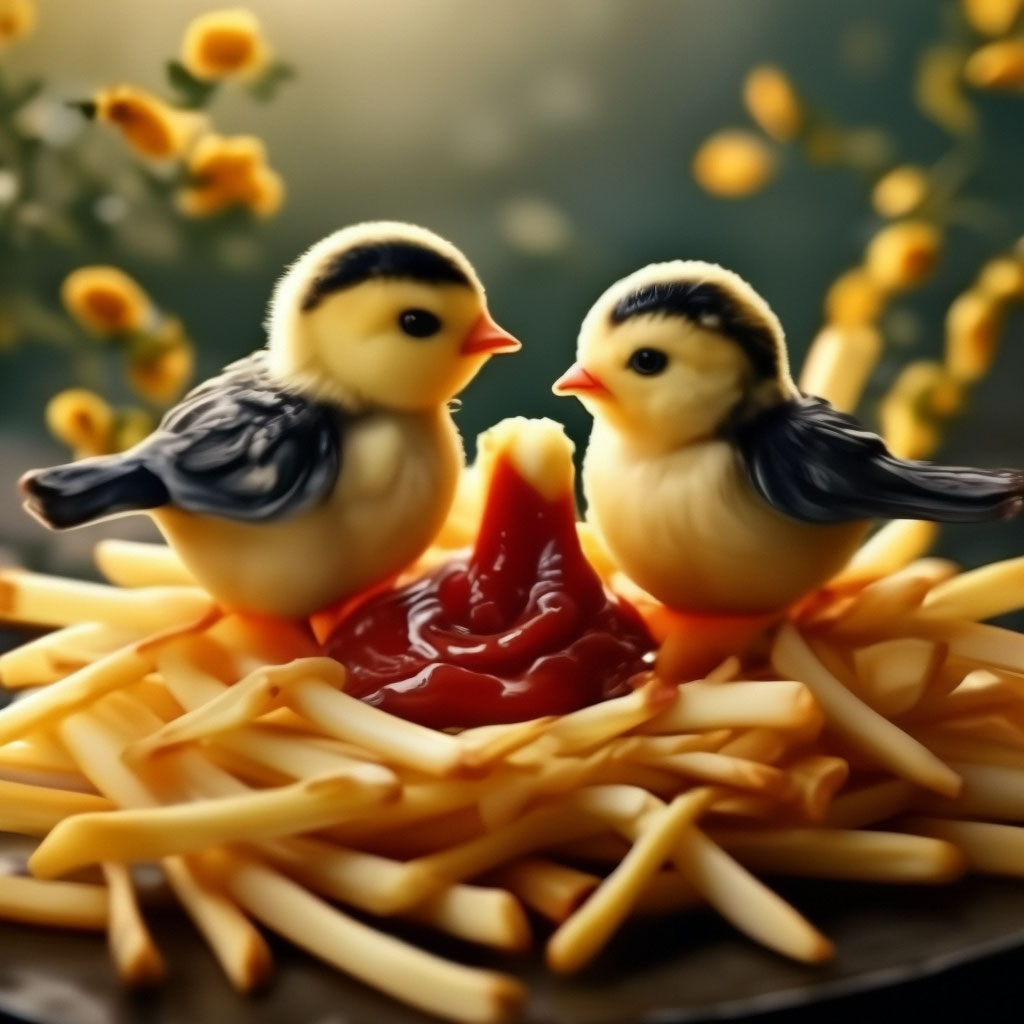 "Birds feeding chicks ketchup in a nest made of french fries, french ...