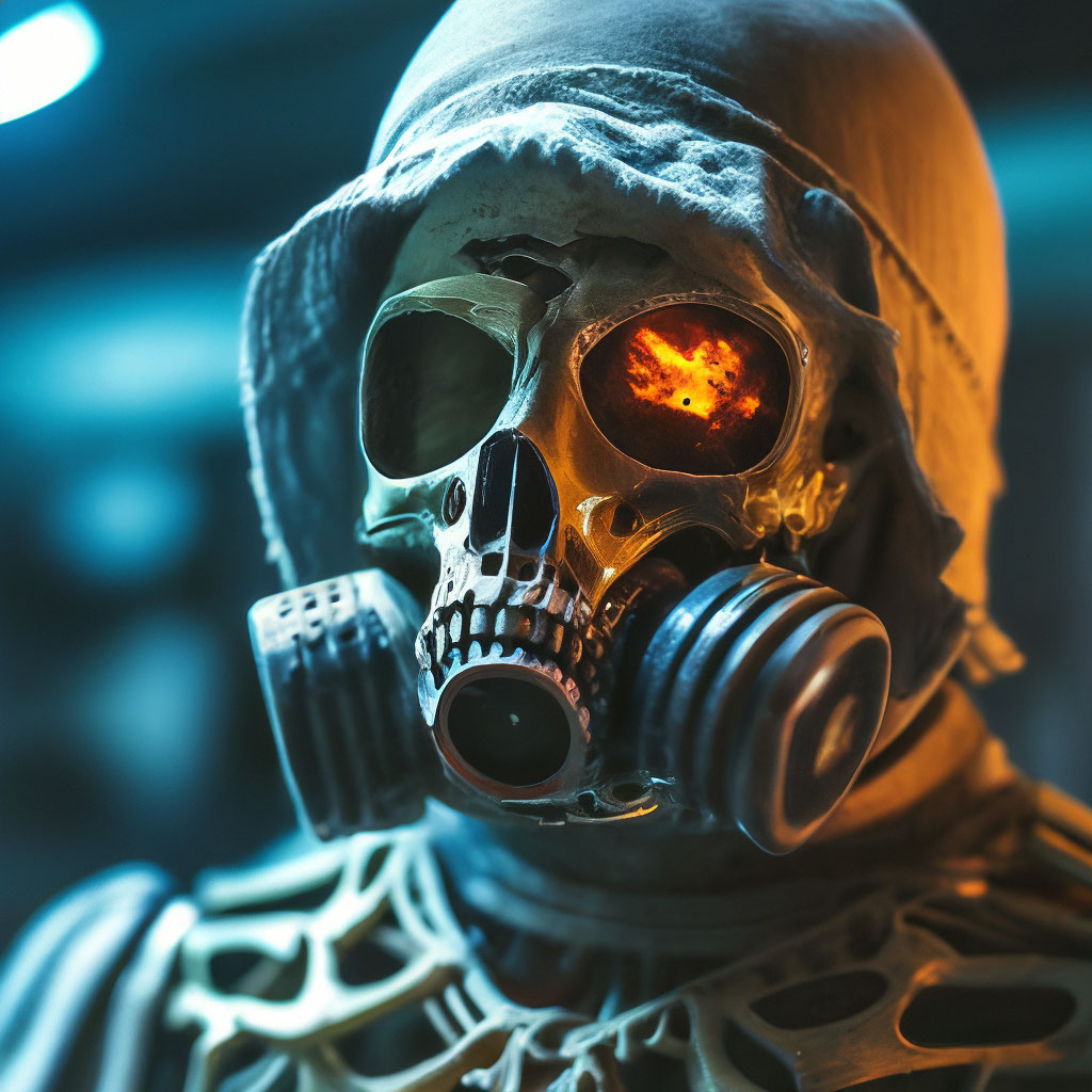 "Skeleton in a gas mask with burning eyes, realistic, close-up ...