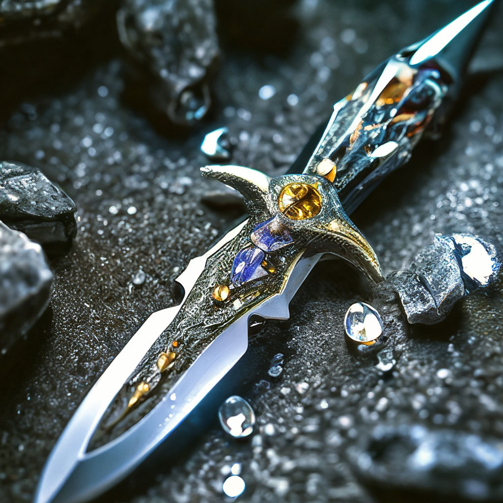 "The assassin's dagger from a meteorite, ultrarealism, layering, coal ...