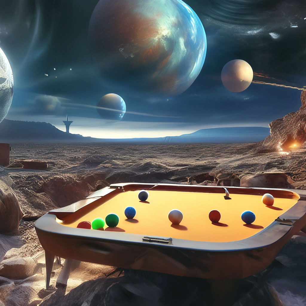 "Galactic billiards by planets. Quasars play with their rays like cues ...