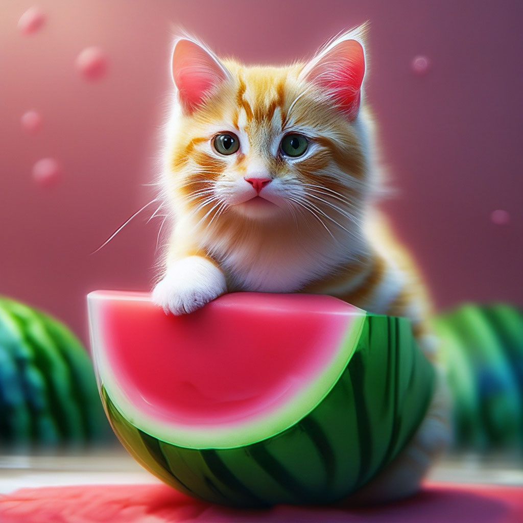"Watermelon cat, real,40k" — image created in Shedevrum