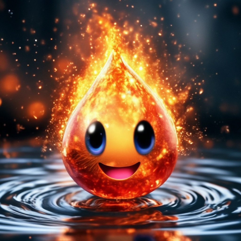 "Funny cute droplet of fire -water sparkles with lightning" — image ...