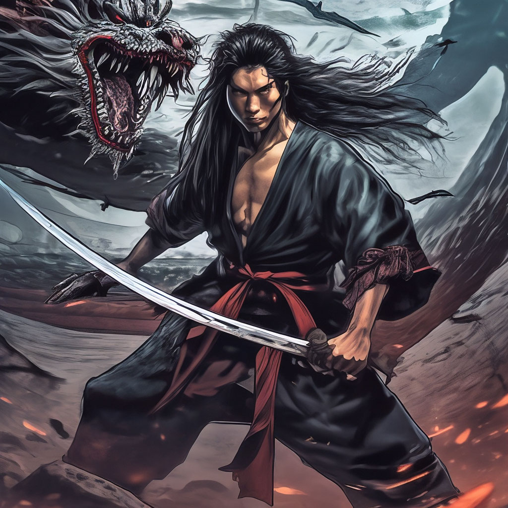 "Chinese, standing in a fighting stance, katana, long hair, a dragon ...
