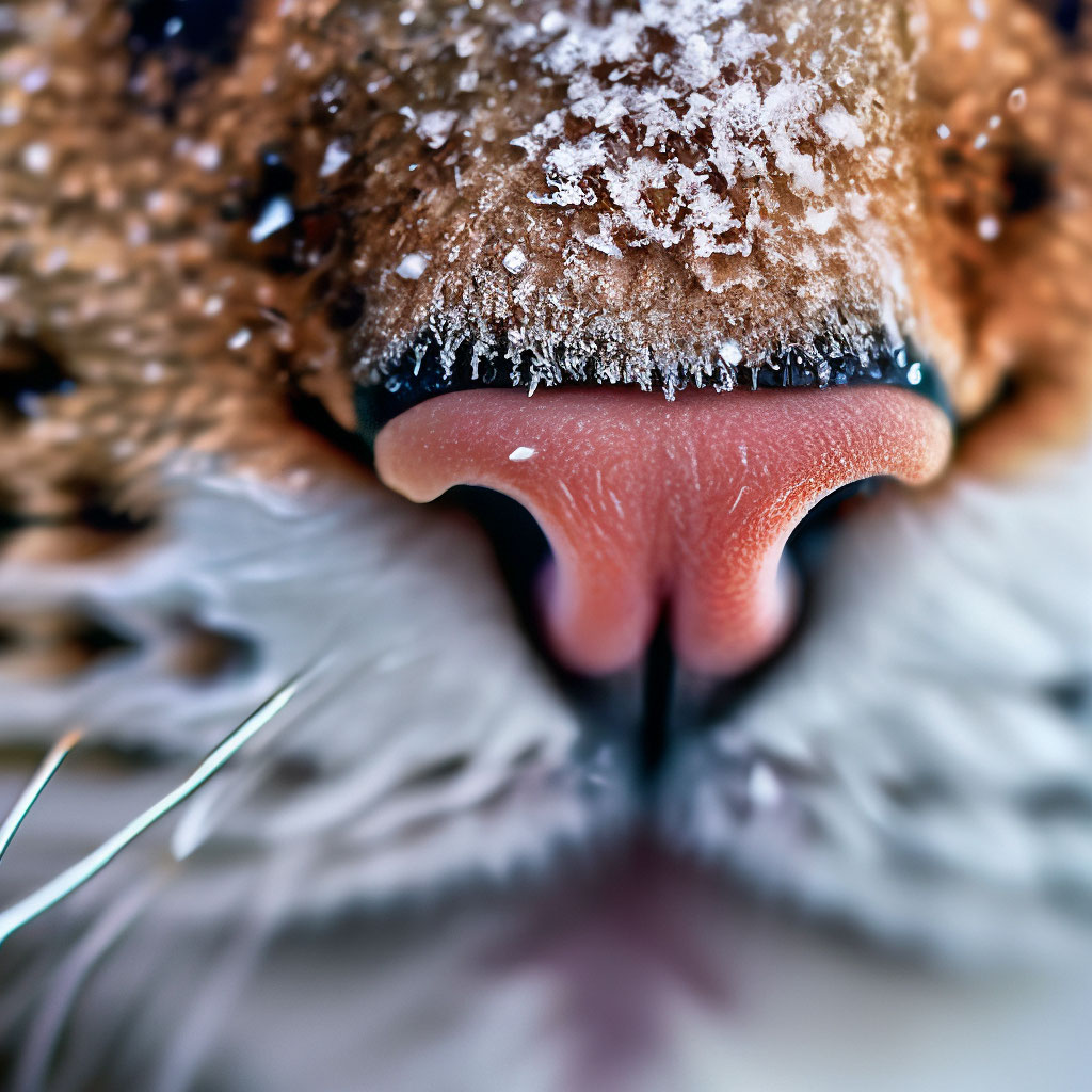 "Pink frosty nose of my white cat, macro photography, frost, snowflakes ...
