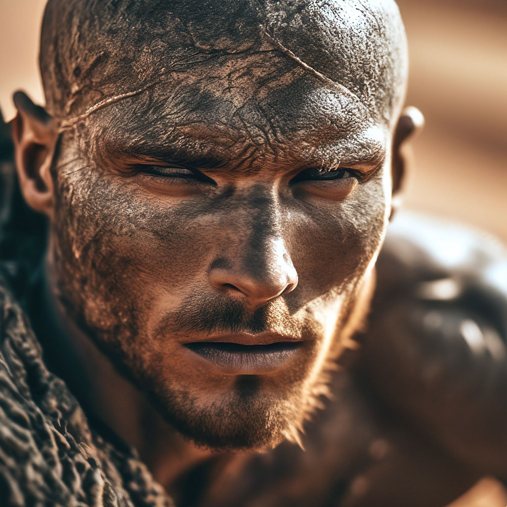 "Symbiosis of man,sand,stone,militant man,expressive look,textured skin ...