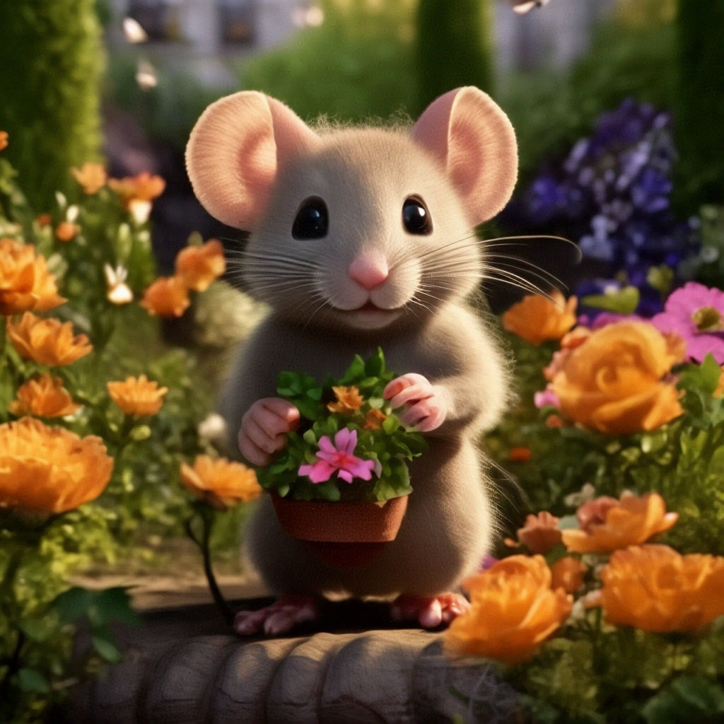 "Anthropomorphic cute mouse tending flowers in the garden ...