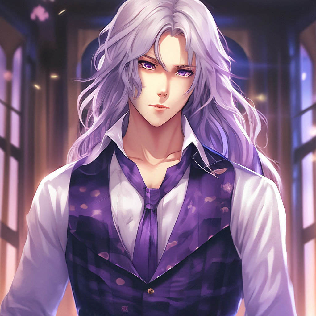 "A guy with lilac eyes pale skin long ashy hair with a black checker ...
