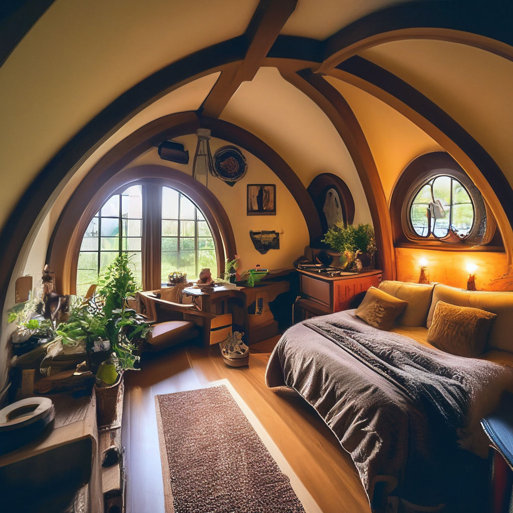 "Hobbit house, cozy, soft lighting" — image created in Shedevrum