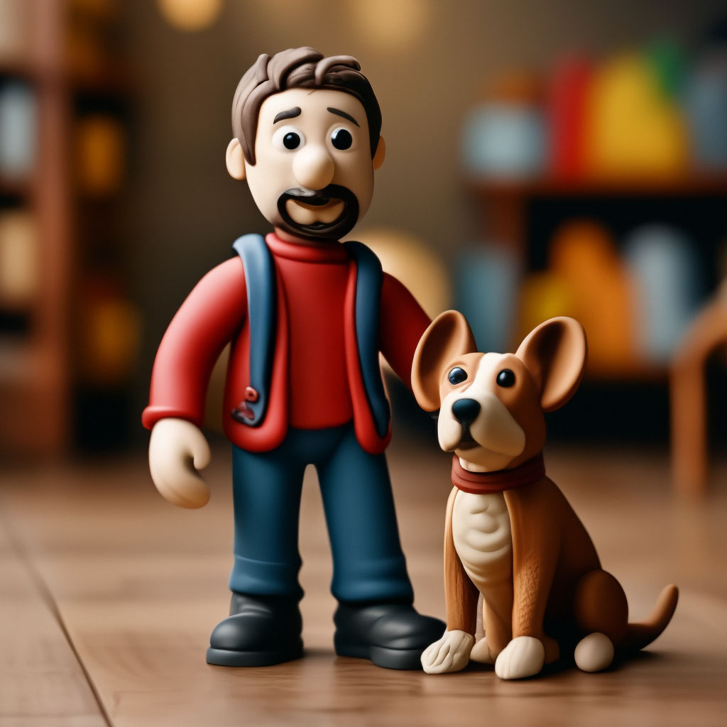 "Plasticine man with a plasticine dog" — image created in Shedevrum
