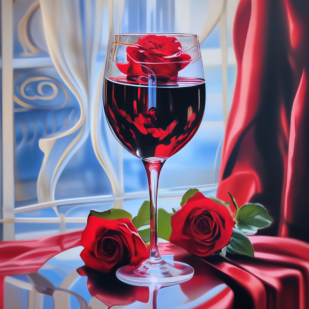"An elegant glass of red wine with a beautiful rose" — image created in ...