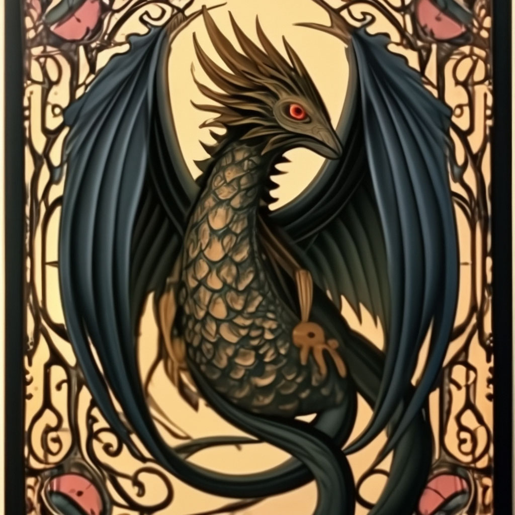 "Bilibin style,winged basilisk, book cover" — image created in Shedevrum