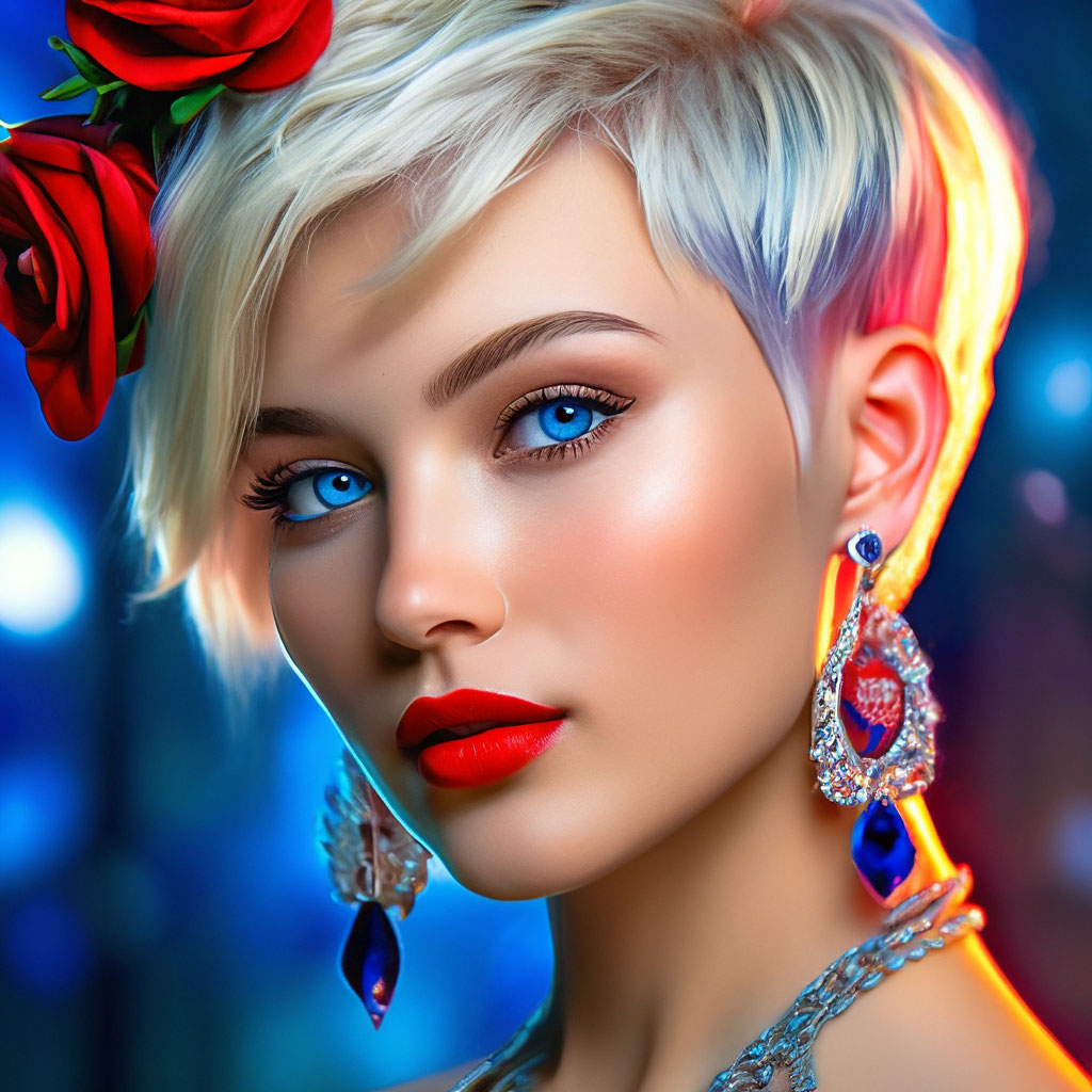 "A beautiful girl, very short, blond hair, a daring pixie haircut, a ...