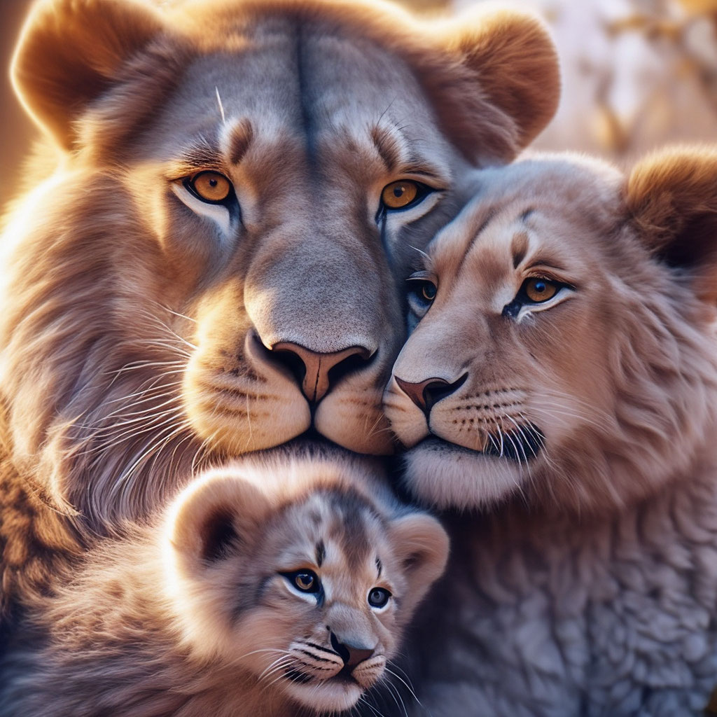 "Very fluffy lion and lioness pressed their foreheads to each other, a ...