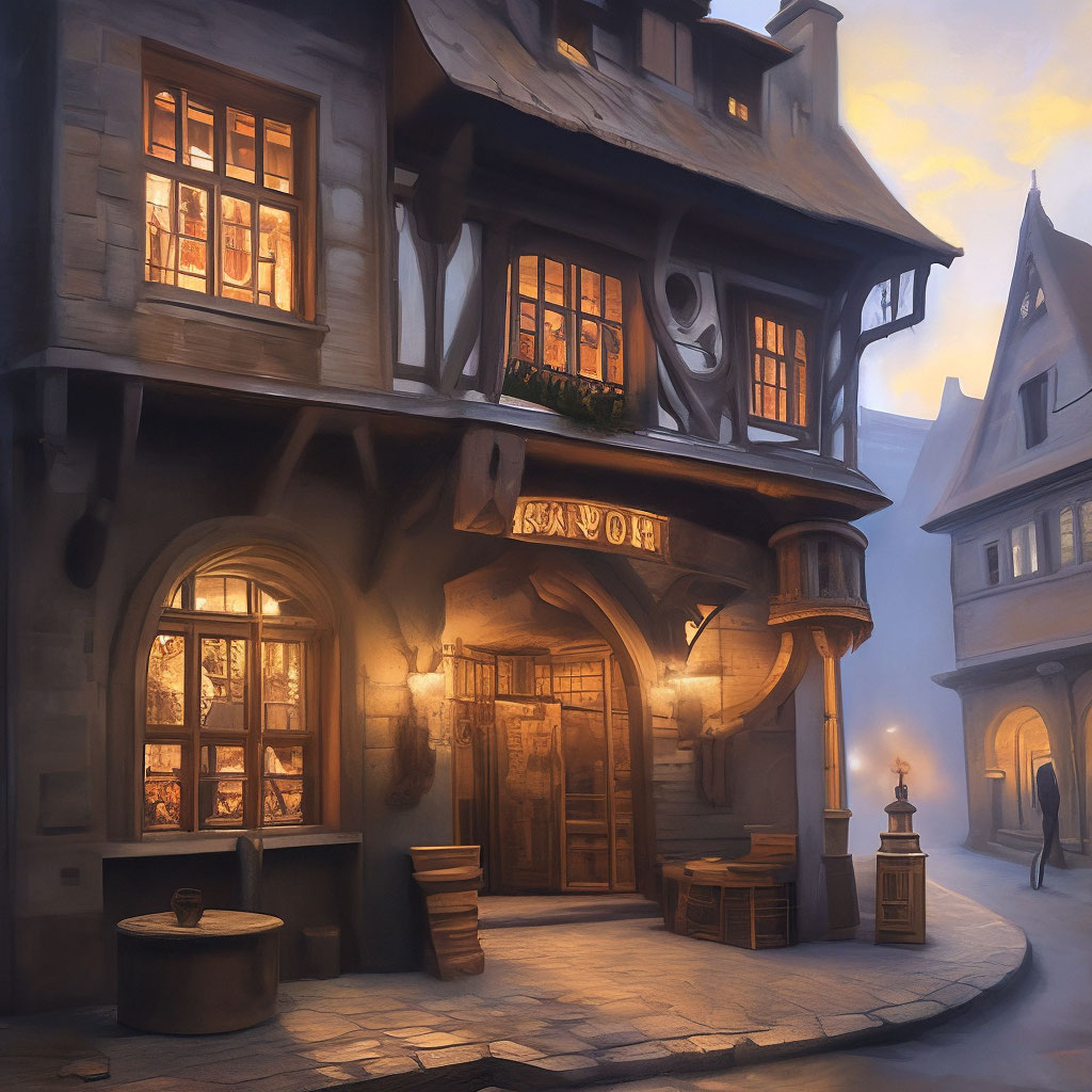 "A medieval tavern, a sign above the entrance, a huge porch and a ...