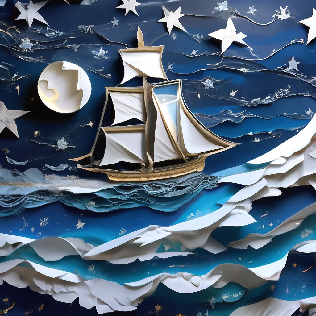 "3d, Torn paper painting, 16k, 3d storm at sea, night moon, stars ...