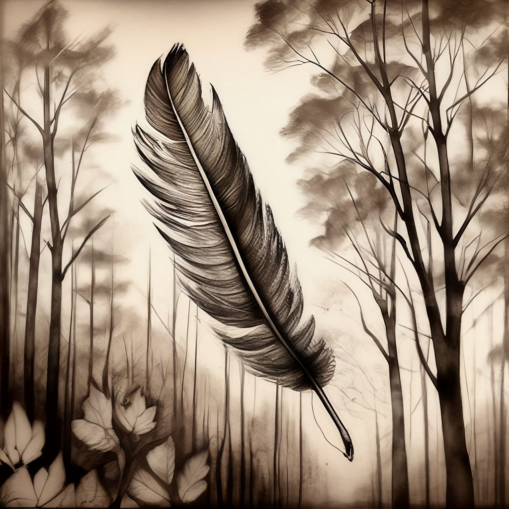 "Ink drawing, line art, only contours, sepia, feather, flying in the ...