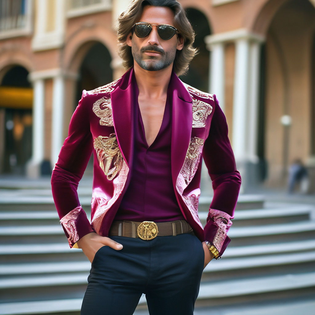 "A stylish Italian man in the versace style is 40 years old in a velvet ...