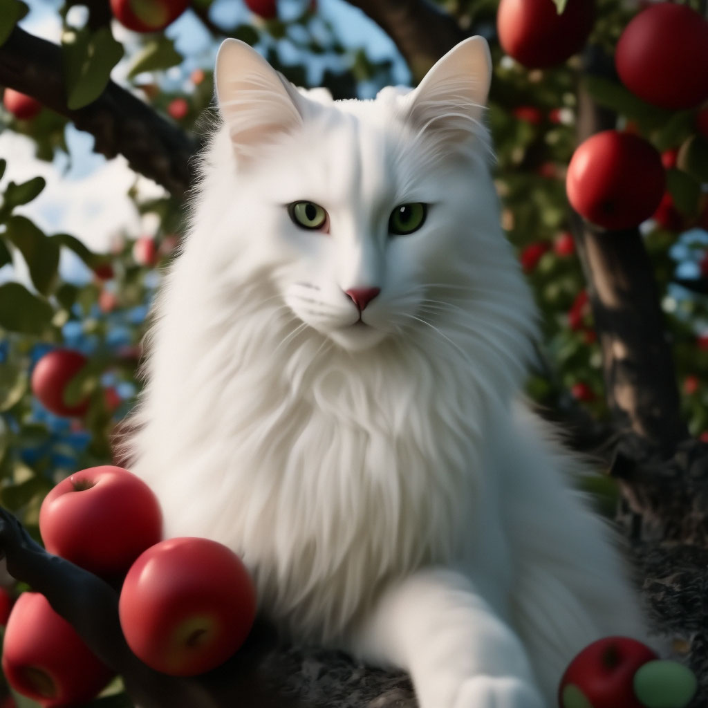 "White cat, Turkish Angora breed. Sitting on a branch of an apple tree ...