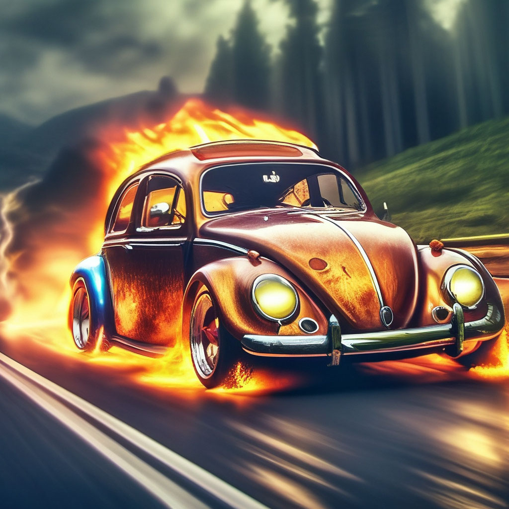 "Infernal Volkswagen beetle, demon car, rushing down the road, flames ...