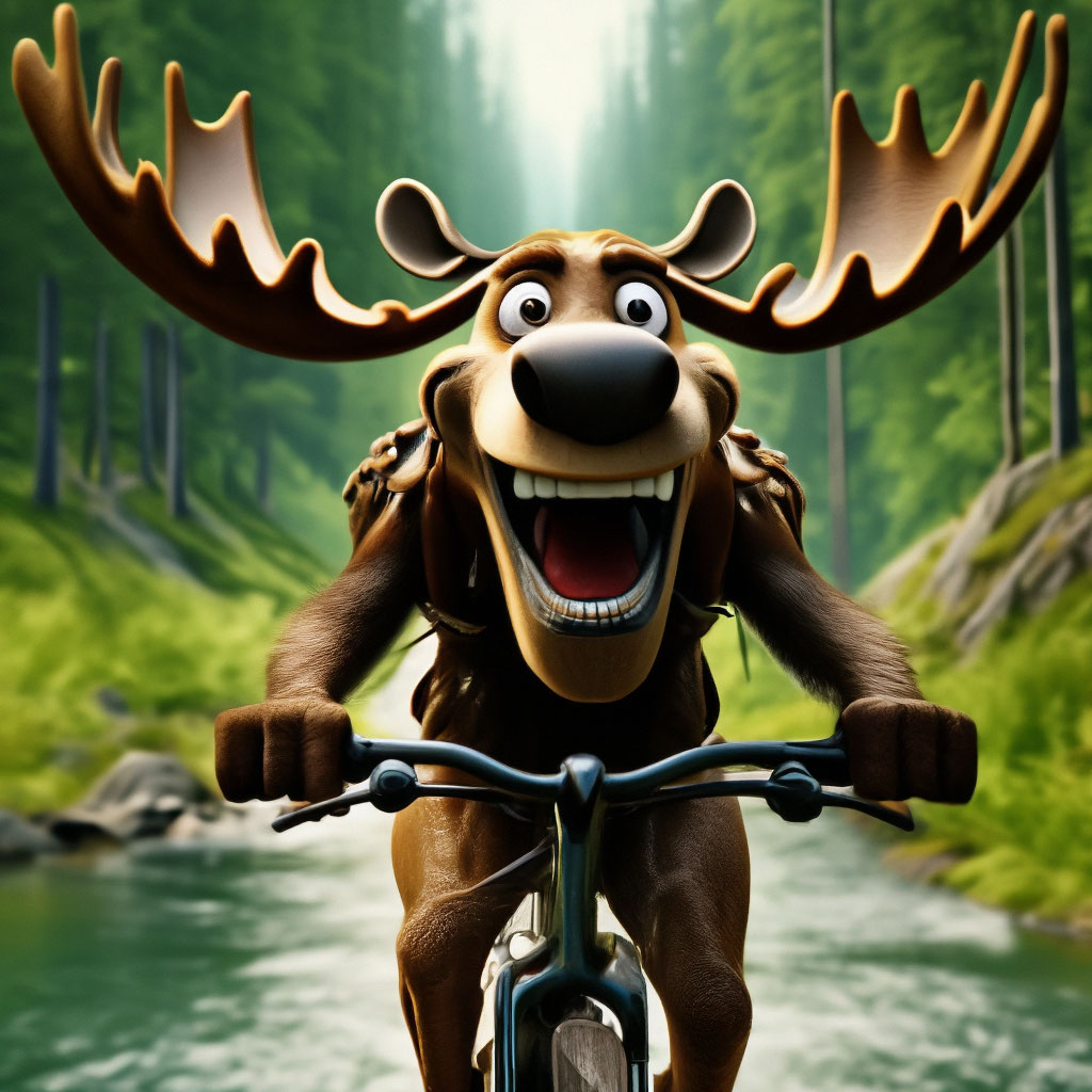 "Moose with bulging eyes, screaming, riding a bike on a forest road ...
