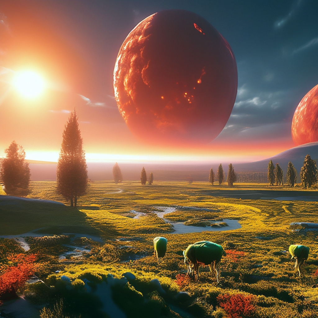"Alien landscape beautiful large trees, fields where alien cattle graze ...