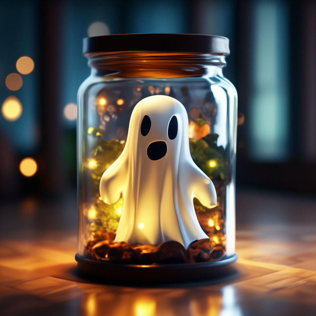 "A glass jar with a small ghost inside is mysteriously illuminated ...