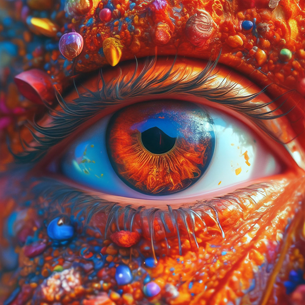 "Hyperrealism, face, big unearthly eyes, lots of colors, orange-red ...
