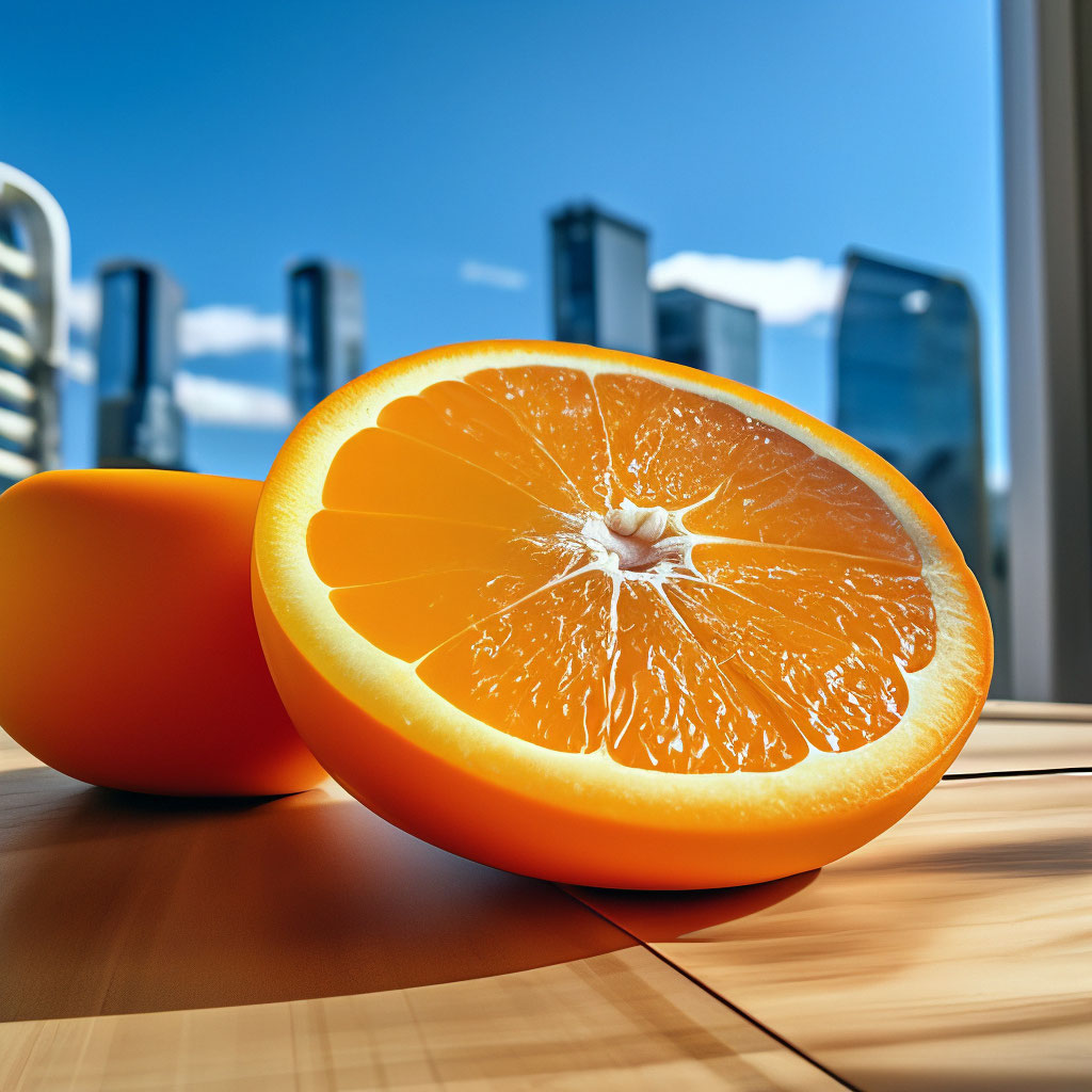 "A large, juicy, sweet orange, very orange, in a section, on a light ...