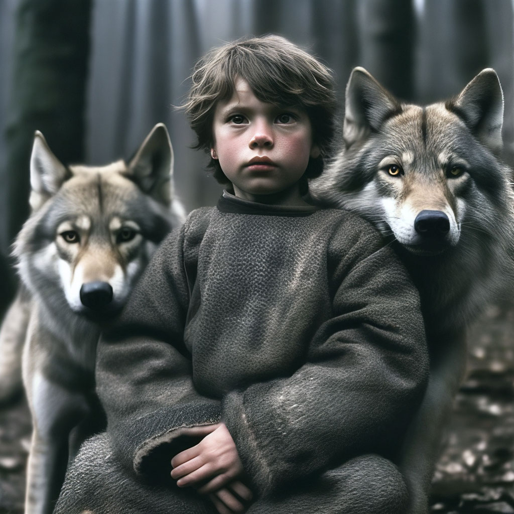 "A boy raised by wolves" — image created in Shedevrum