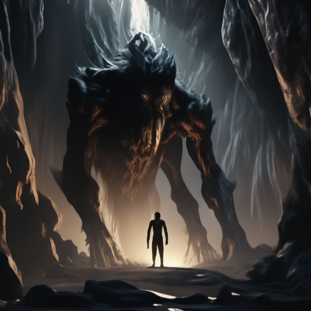 "Cave, living shadow on the walls, monster, dim lighting" — image ...